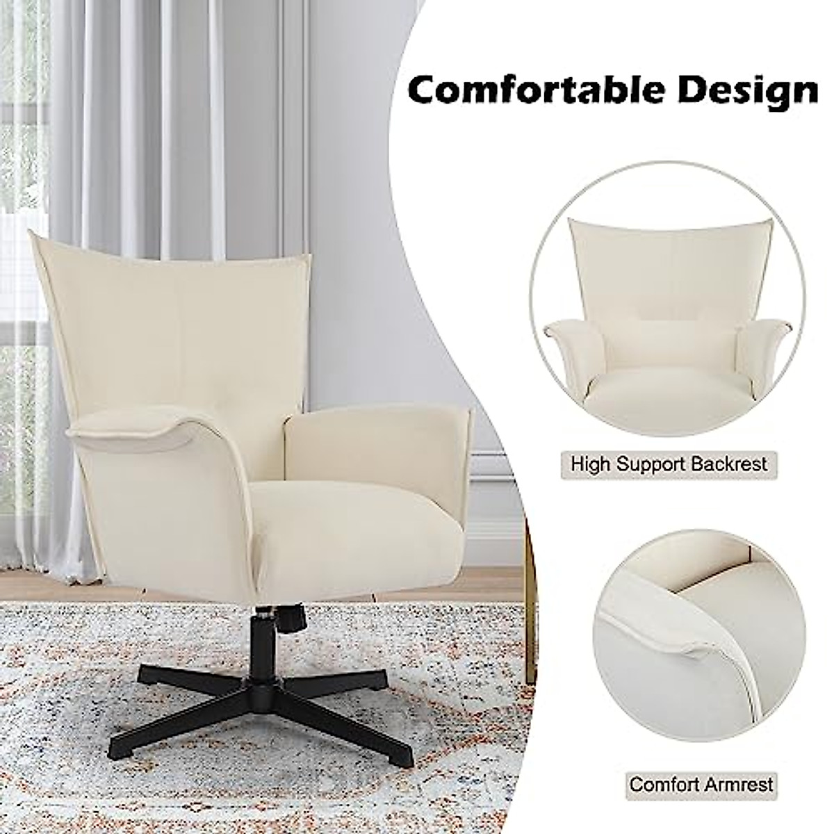 LSSPAID Swivel Accent Chairs Set of 1, Fabric Upholstered Armchairs 360 Degree Rotation Sofa Chair, Ergonomic Design Living Room Chair, Modern Leisure Single Sofa with No Wheels, Beige