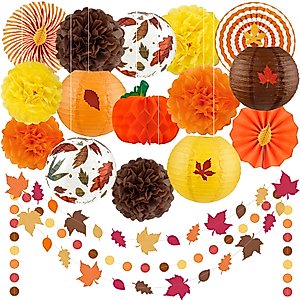 Fall Thanksgiving Party Decorations Supplies, Autumn Maple Leaves Garland Hanging Paper Lanterns Tissue Pumpkin Honeycombs Fans Pom Poms Flowers for Birthday Baby Shower Home Decor Indoor Outdoor