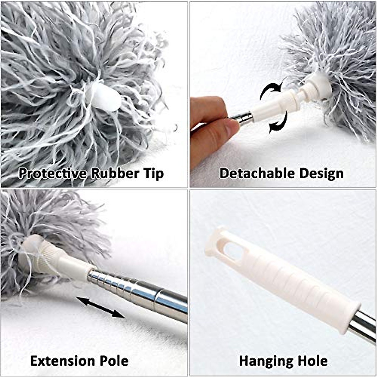 Uwilowe Microfiber Duster with Extension Pole 30 to 100"(Stainless Steel), with Bendable Head, Telescoping Extendable Long Dusters for Cleaning Ceiling Fan, Keyboard, Furniture, Cars