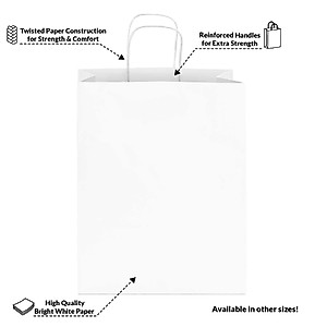 Prime Line Packaging Medium White Gift Bags with Handles, Shopping Totes for Small Business, Boutiques, Merchandise, Parties, Bulk, 10x5x13 100 Pack