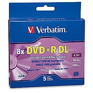 Verbatim DVD+R DL 8.5GB 8X AZO with Branded Surface - 5pk Jewel Case Box - 95311, Silver