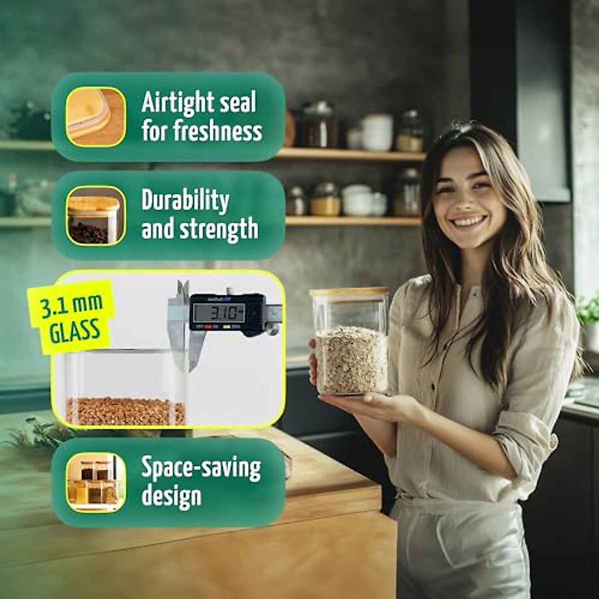 Set of 5 Glass pantry storage containers with lids, Borosilicate Square glass containers with bamboo lids, Cookie jar, Glass storage containers with lids for pantry, Pasta Rice Flour Sugar Tea Beans