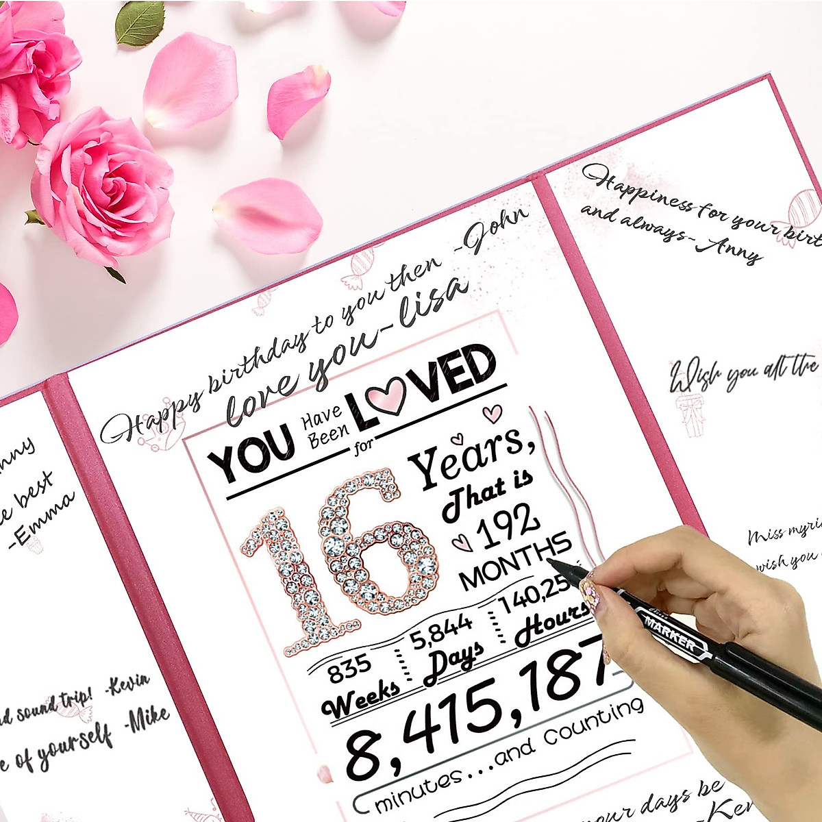 Vlipoeasn Sweet 16 Birthday Guest Book Signature Congrats Certificate Rose Gold 16th Birthday Decorations for Girl, 16th Birthday Decorations Guest Book Alternative, Sweet 16 Birthday Gifts for Girls
