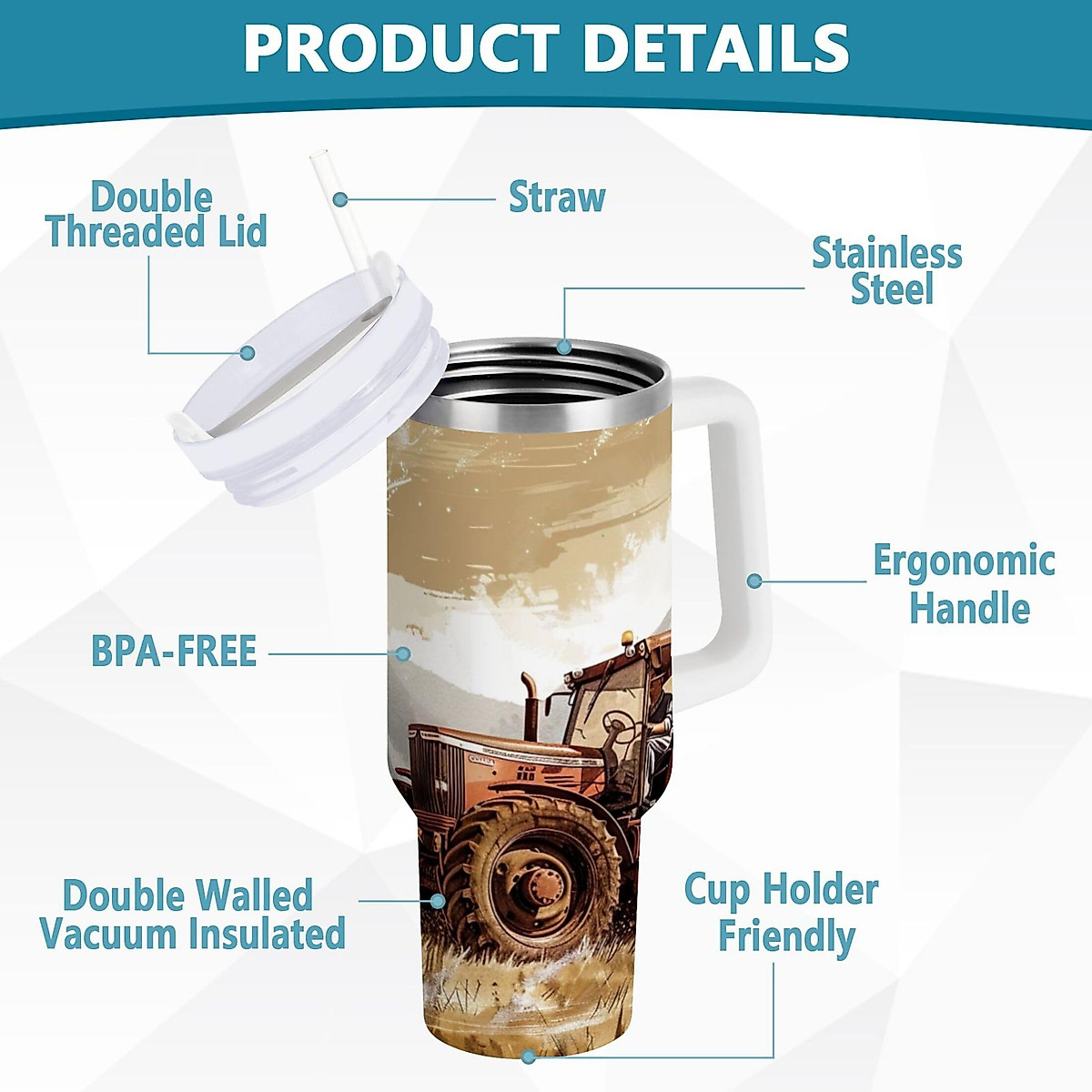 Kigai 40 oz Farmer Driving A Tractor Tumbler with Handle and Straw Lid, Insulated Cup Reusable Stainless Steel Water Bottle Travel Mug for Water, Iced Tea or Coffee