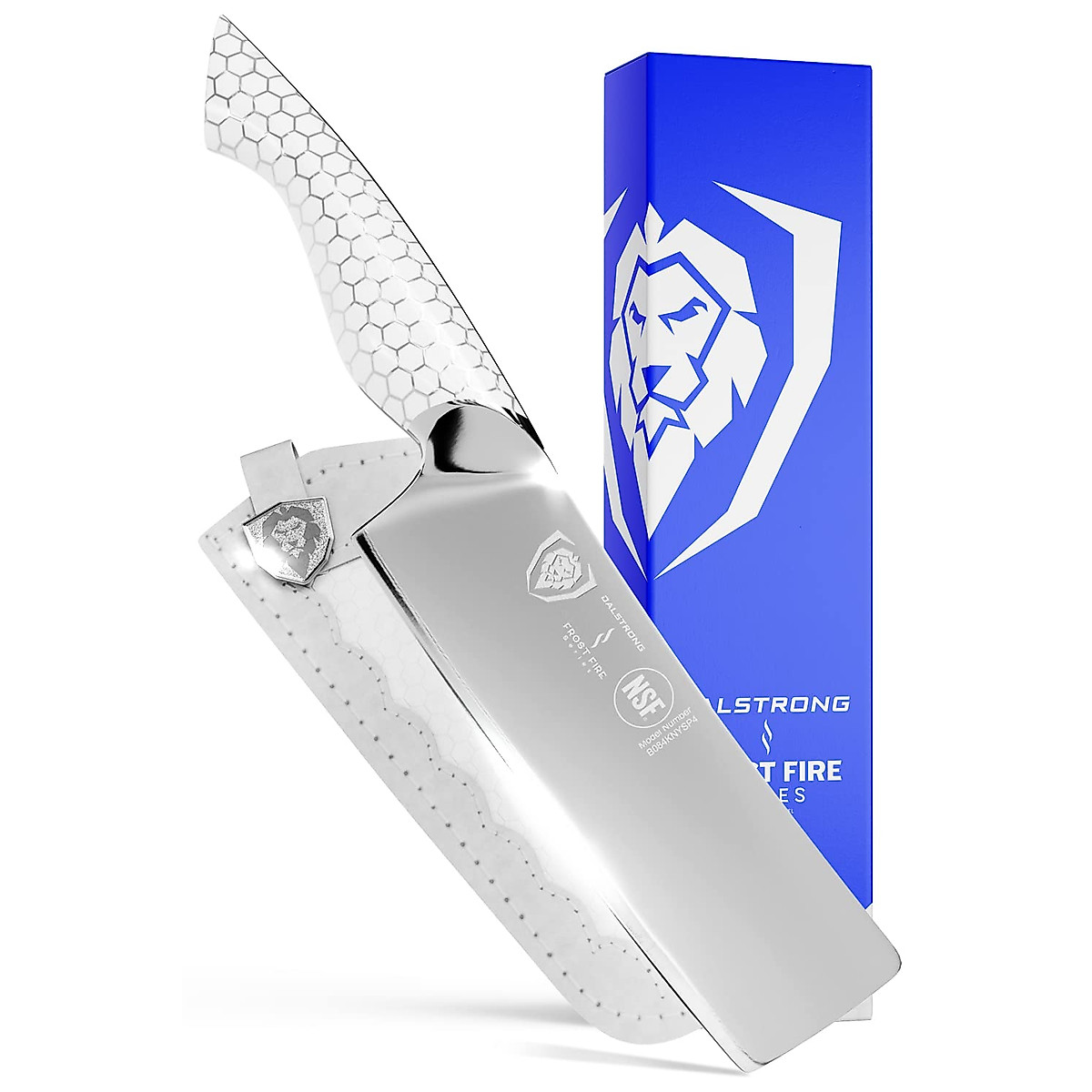 Dalstrong Nakiri Knife - 6.5 inch - Frost Fire Series - High Chromium 10CR15MOV Stainless Steel Vegetable Knife - Frosted Sandblast Finish - White Honeycomb Handle - Leather Sheath - NSF Certified