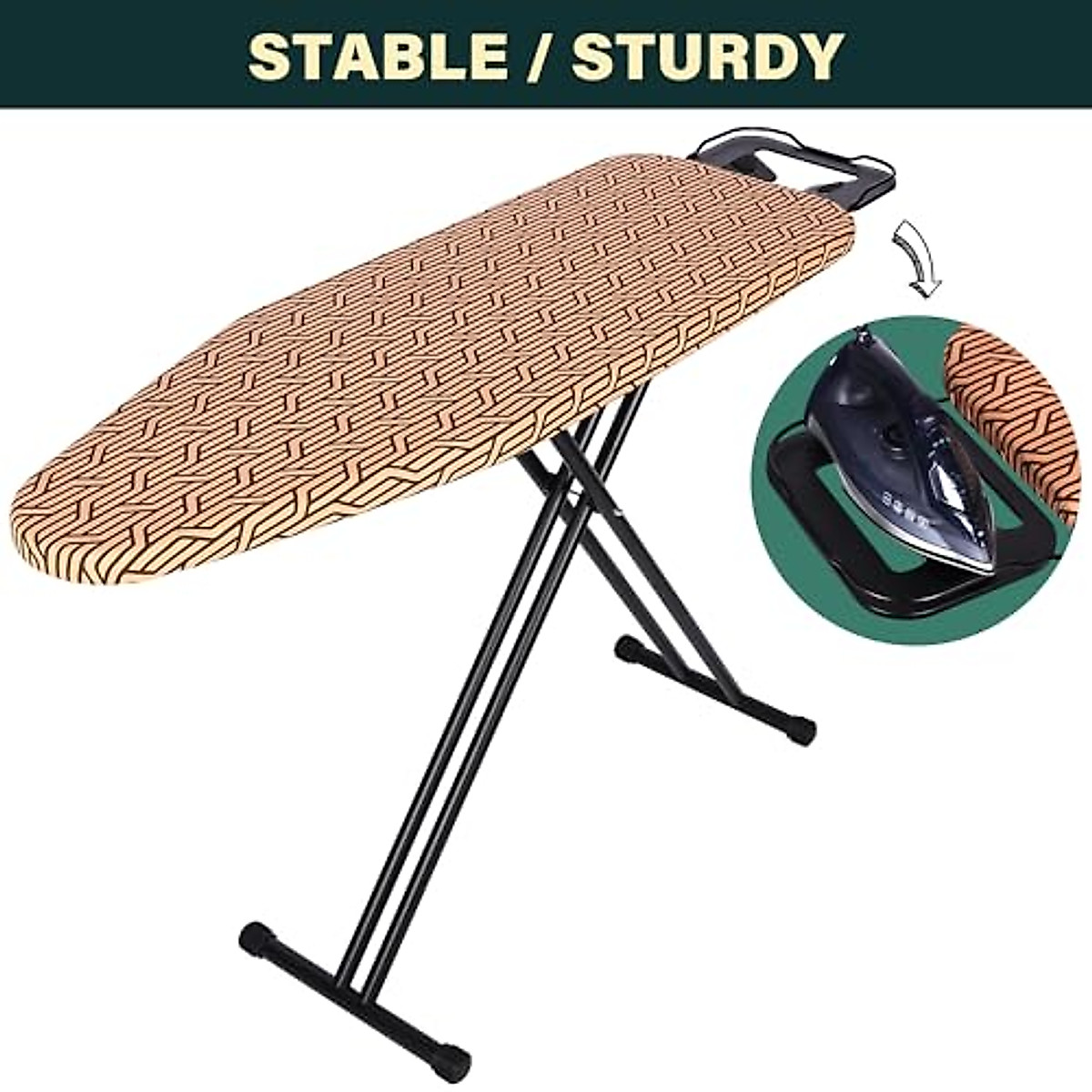 caius Ironing Board Full Size, Extra Wide Ironing Area, Foldable Iron Board with Extra Thick Padded Cover, Large Heavy Duty Ironing Board, Stable Structure, Adjustable Height, Easy to Fold (47x16)