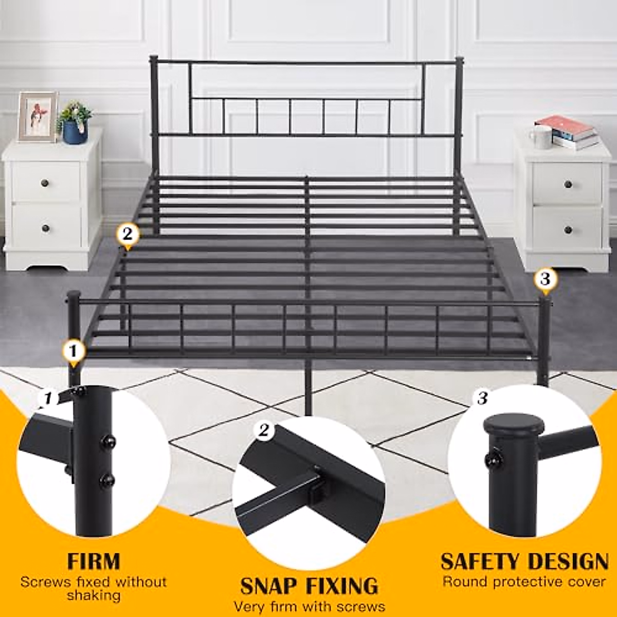 PayLessHere 14 Inch High Metal Platform Bed Frame with Headboard Maximum Storage Space Under The Heavy Duty Bed Frame No Box Spring Needed Noise-Free Easy Assembly,Queen