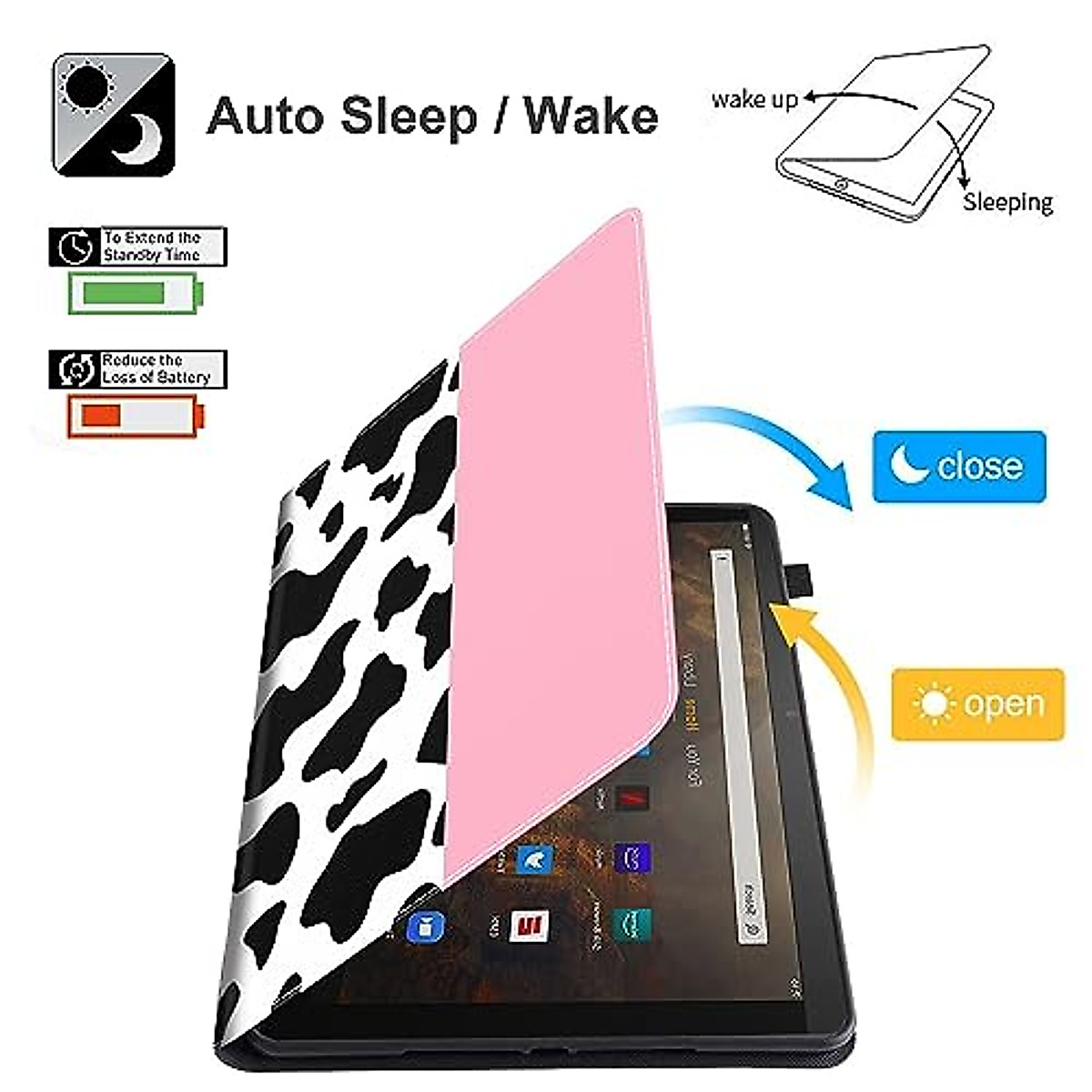 Case Compatible with Amazon All-New Kindle Fire 7 Tablet (2022 Release-12th Generation) Latest Model 7，Slim Fit Foldable Standing Cover Case with Auto Sleep/Wake，Cow Print and Pink