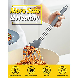 Silicone Pasta Fork and Cooking Spoon Set, Non Stick Kitchen Utensils for Cooking,Stirring,Serving Spaghetti, Soup, Sauce (GREY)