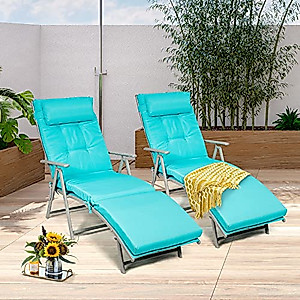Giantex Chaise Lounge Chair for Outside, Pool Folding Reclining Beach Chair W/Removable Cushion&Headrest Pillow, Outdoor Lounge Chaise w/ 7 Backrest Positions, Portable Patio Lounger (2, Turquoise)