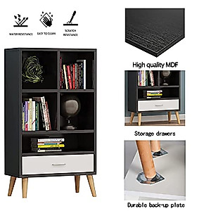 MIN WIN Cube Bookshelf 4 Tier Open Bookcase with Drawers & Legs, 41" Tall Black Wood Bookshelves Display Short Book Shelf,Freestanding Decorative Storage Organizer Shelf for Living Room Home Office