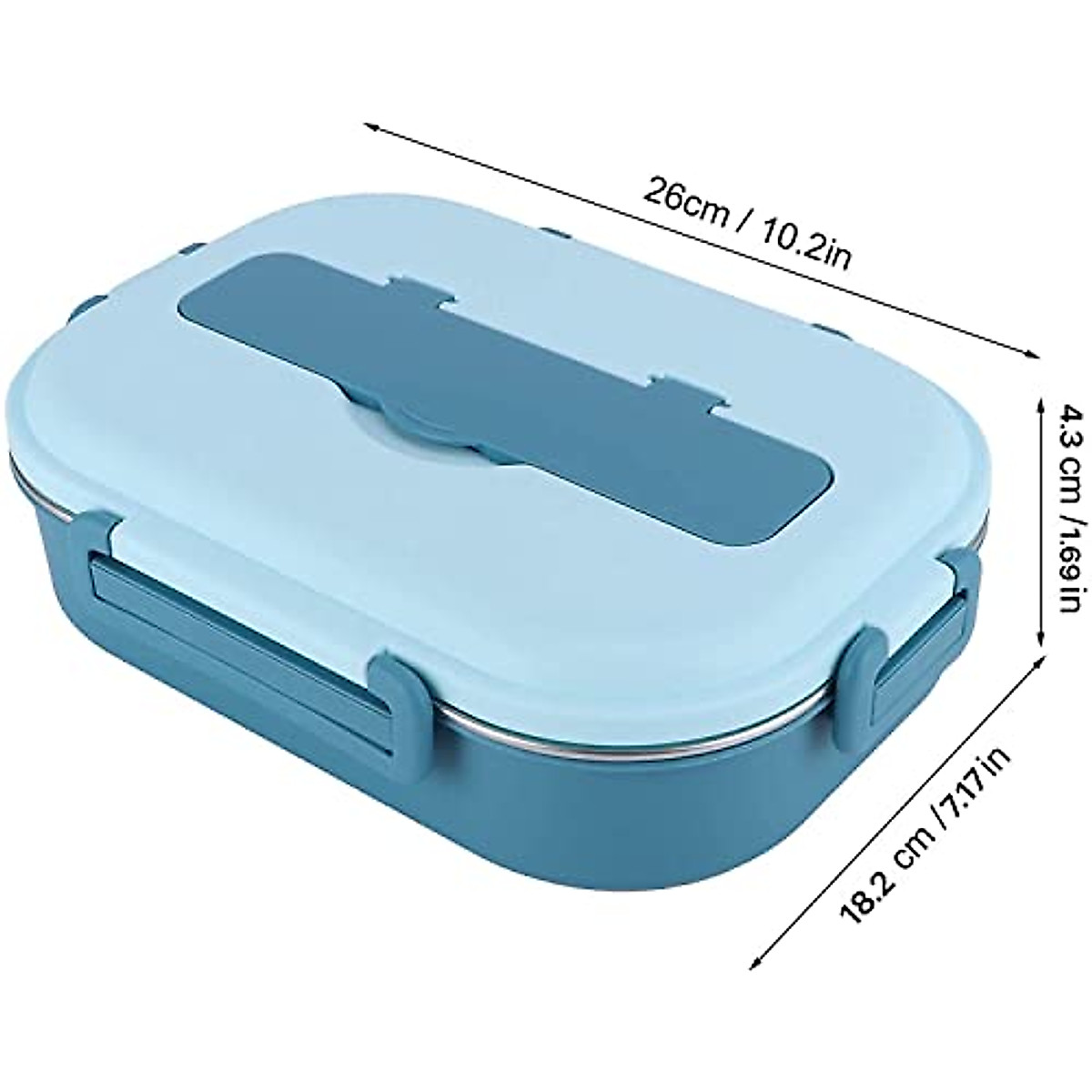 Raviga Stainless Steel Lunch Box 4 Compartments Portable Bento Box for Kids Student or Adult Food Storage Containers with Lids Airtight Soup Bowl & Tableware Large Capacity 50-oz(Blue)
