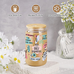 LEADO My Daily Affirmations Cups, 16 oz Glass Cups with Lids and Straws - Mental Health Gifts, Mindfulness Gifts, Inspirational Gifts for Women, Christmas, Birthday Gifts for Female Friends