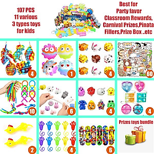 Leeche Premium Pop Party Favors Toys for kids,107PCS Prize Box Toys for All Ages kids,Birthday Party, School Classroom Rewards, Carnival Prizes, Pinata Fillers, Treasure Chest, Goody Bag Fillers