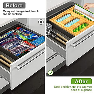 MeetGreat Bag Storage Organizer for Kitchen Drawer, Bamboo Ziplock Bag Dispenser, Storage Bag Holders, Compatible with Gallon, Quart, Sandwich and Snack Variety Size Bag (1 Box 4 Slots)