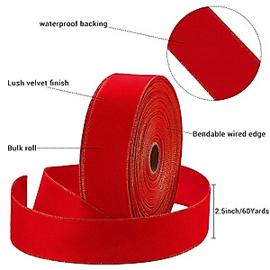 Syhood Christmas Wired Velvet Ribbon with Gold Edge Waterproof Velvet Decoration Ribbon Wrapping for Xmas Wreath Bows Floral Craft Ornaments (red, 2.5 Inch x 60 Yard)