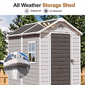 WACASA Storage Shed 4X6 FT,Resin Outdoor Storage Shed with Floor & Lockable Door, All Weather Plastic Lean to Shed with Window and Vent, Garden Tool Shed for Bike,Toy,Lawnmower (Grey)