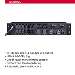CyberPower PDU41008 Power Distribution Unit Switched 200-240V, 30A (Derated to 24A) 16 Outlets, 2U Rackmount
