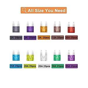250 Pcs Mini Blade Fuse Assortment - Car Automotive Truck Auto ATM Fuse Kit (2A 3A 5A 7.5A 10A 15A 20A 25A 30A 35A)