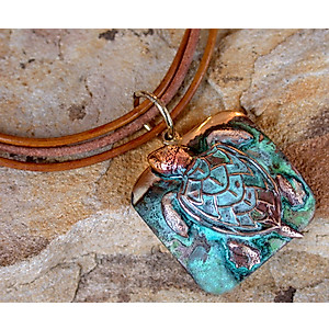 Elaine Coyne Collectible Artwear Verdigris Patina Solid Brass Large Sea Turtle Pendant on Triple Rawhide - USA Made