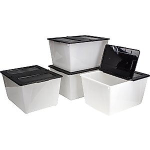 Storex 16 Gallon (60L) Storage Tote with Folding Lid, 22.7 x 18.25 x 12.86 Inches, Frost/Black, 4-Pack (00900A04C)