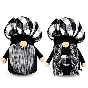 YuQi 2PCS Plaid Kitchen Chef Gnomes Plush, Black White Plaid Couple Cooking Gnome Elf Doll for Home Table Display Ornament, Unique Chriatmas Gifts Ideas