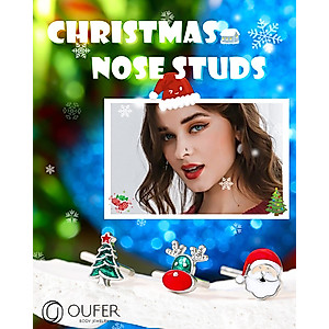 OUFER 20G Nose Studs, Christmas Elements L-Shaped Nose Piercing Jewelry, 316L Stainless Steel Nose Ring Stud, Nostril Piercing Jewelry for Women And Men