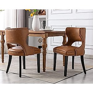 CIMOTA Mid Century Modern Dining Chairs Set of 2, Faux Leather Dining Room Chairs Upholstered Armless Side Chairs with Open Back/Nailhead Trim for Kitchen/Dining Room/Living Room, PU Brown/2PCS