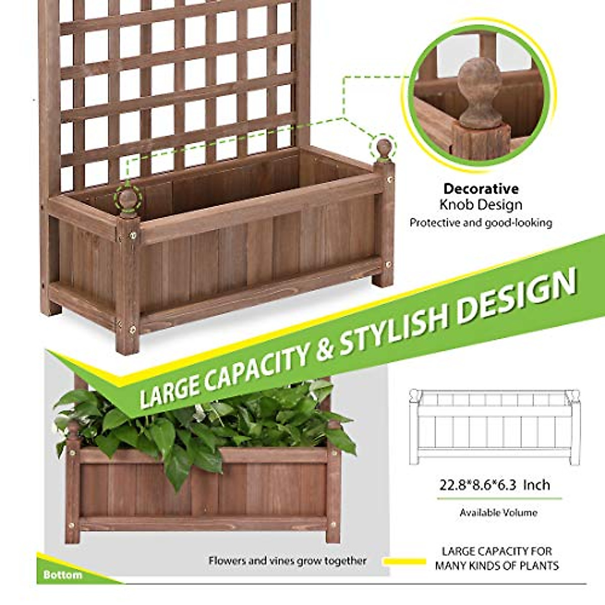 VIVOHOME Wood Planter Raised Bed with Trellis, 48 Inch Height Free-Standing Planter for Garden Yard