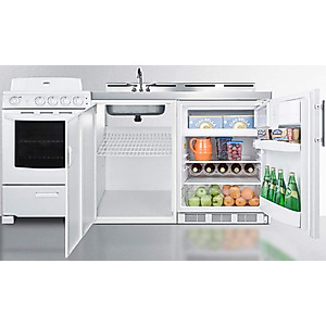 Summit Appliance ACK72COILW 72" Wide All-in-One Kitchenette with 220V 4-Element Electric Coil Range, Refrigerator-Freezer, Sink, Cutting Board and Cutlery Storage, and a Storage Cabinet