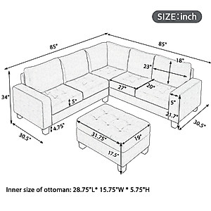 Merax 2 Piece Sectional Corner Sofa, Living Room Modern Velvet Couch Space Saving Cup Holders, L-Shape with Storage Ottoman, Silver Grey