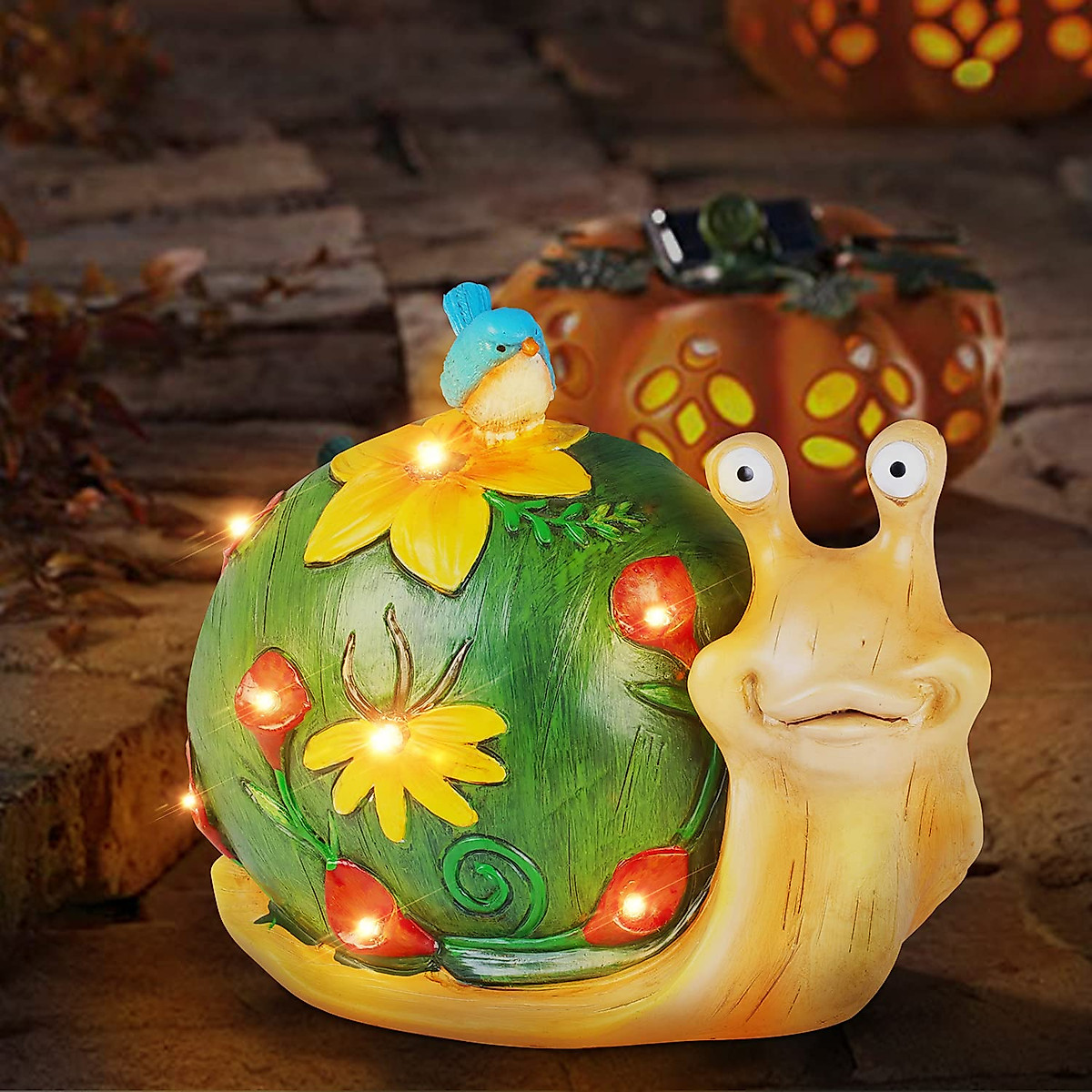 Garden Statue Snail Figurine Solar Powered LED Lights Resin Animal Sculpture for Home Cafe Restaurant Office Indoor Outdoor Decorations Patio Lawn Yard Art Ornaments 10 x 8.5 Inch