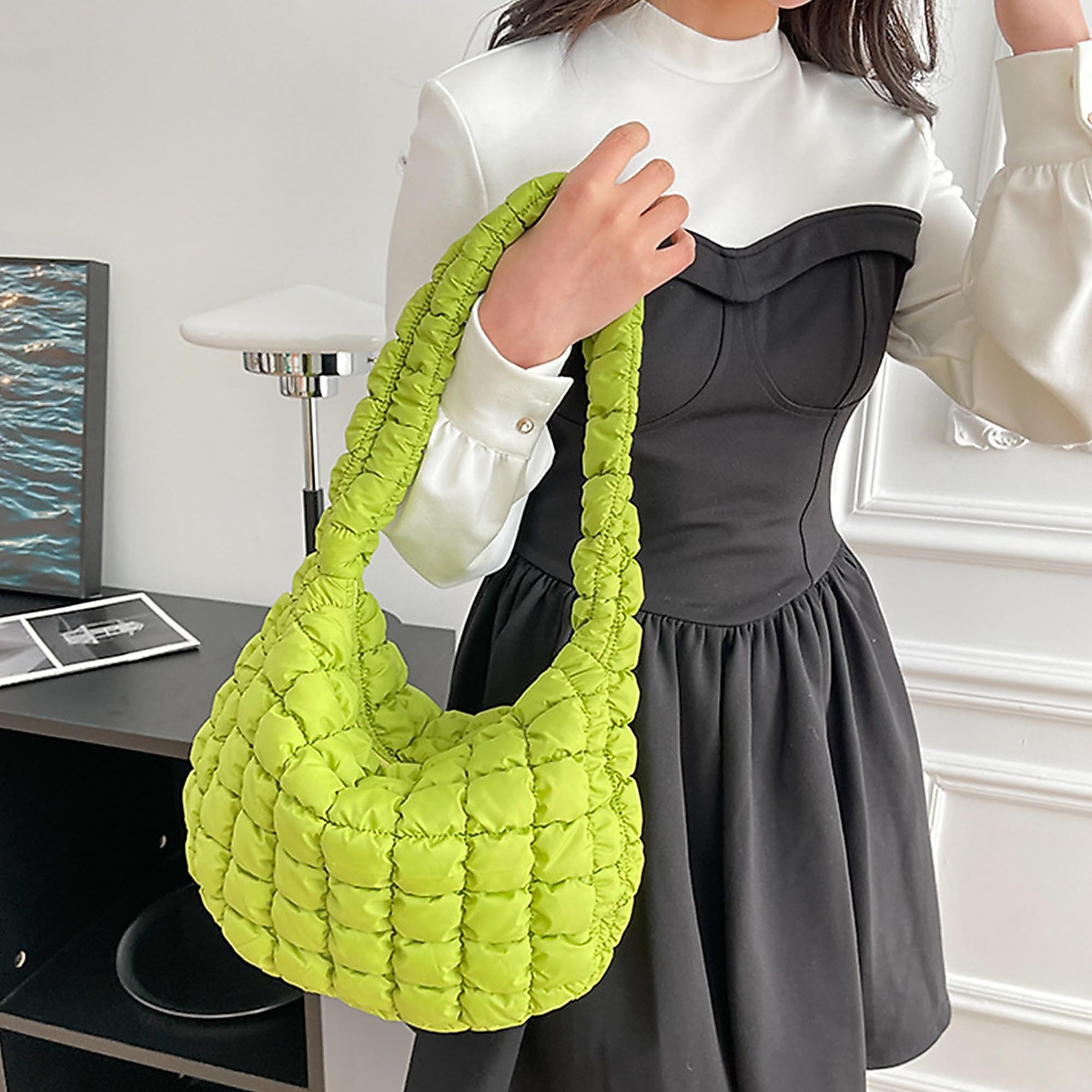 JBB Puffer Hobo Bag for Women Small Quilted Tote Handbag Padding Lightweight Puffy Shoulder Crossbody Satchel Green