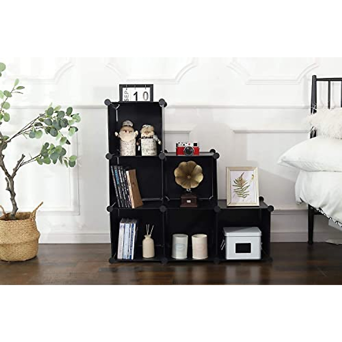 YCOCO Cube Storage Organizer 6-Cube Closet Storage Shelves with Wooden Mallet,Closet Cabinet Bookshelf,Plastic Square Cube Storage for Home,Office, Kids Room,Black