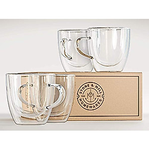 Espresso cups 5 oz - Glass Espresso cups - Set of 4 - Double Wall Espresso Cups, Espresso cup with Handle, Gift Box Set, Premium Expresso coffee cups sets - Stone & Mill AM-04 espresso shot glasses