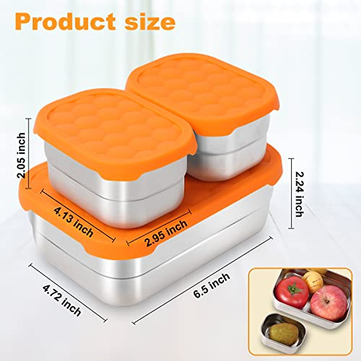 Hosercap Stainless Steel Lunch Snack Containers for Kids - Leak Proof 304 Stainless Steel Food Containers with Silicone Lids Metal Lunch Box Containers for Toddlers Kids (25oz+8oz*2, Set of 3)