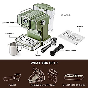 Neretva 15 Bar Espresso Machine with Milk Frother, 1350W, 54 Oz Water Tank - For Home Barista