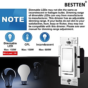 BESTTEN 10 Pack Dimmer Light Switch, Single Pole or 3-Way, LED Dimmer Switches, Compatible with Dimmable LED, CFL, Incandescent and Halogen Bulb, Neutral Wire Not Required, 120VAC