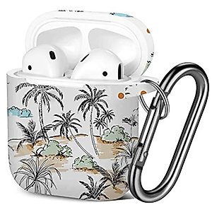 [ Compatible with AirPods 2 and 1 ] Shockproof Soft TPU Gel Case Cover with Keychain Carabiner for Apple AirPods (Island Palm Trees Hand Drawing)