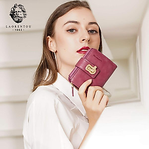 LAORENTOU Cow Leather Small Wallets for Women, Ladies Cute Zipper Purses Credit Card Holders Trifold Wallets for Women Coin Purses (01 Purple)