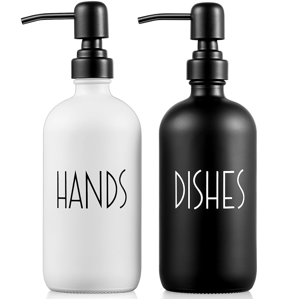 ALELION Glass Dish Soap Dispenser for Kitchen - 16 OZ Hand Soap Dispenser Set with Stainless Steel Pump - Matte Black White Modern Farmhouse Kitchen Bathroom Decor and Accessories