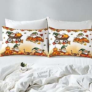 Thanksgiving Autumn Duvet Cover Set King Size,Gnome Fall Harvest Pumpkin Bedding Set,Boys Girls Room Decor,Turkey Maple Leaves Comforter Cover,Orange Quilt Cover,2 Pillowcases(No Comforter)