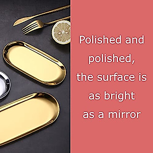 2 Pack Long Narrow Gold Rolling Metal Decorative Tray, 12 Inch Stainless Steel Golden Serving Tray, Oval Brass Vanity Tray Table Décor Platter for Jewelry, Towel, Bathroom, Desktop, Exxacttorch