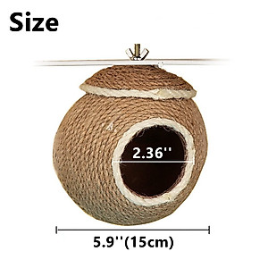 WCDJOMOP Sugar Glider House Natural Coconut Shell Hemp Rope Hut Hide Out Nest for Sugar Glider Hamster Squirrel Bird Parakeet,Cage Habitats Decor, Bird Cage Toy (Screw Fixed)