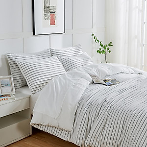 ENJOHOS Twin Comforter Set, 5 Pieces Twin Bed in a Bag Set with Sheets for College Girls Boys, Comforter with Tufted Black White Stripes, Lightweight Microfiber Comforter Bedding