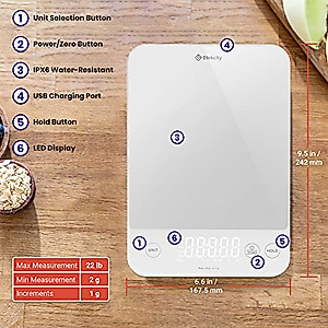 Etekcity Luminary Lite 22lb Food Kitchen Digital Scale, IPX6 Waterproof, Rechargeable, Ounces and Grams for Weight Loss, Cooking, Baking, 0.05oz/1g Precise Graduation, Silver White
