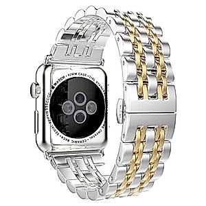 HUANLONG Compatible with Apple Watch Band, Solid Stainless Steel Metal Replacement Watchband Bracelet with Compatible with iWatch Series 1/2/3/4/5/6/7 (LS 38/40/41mm Silver/Gold)