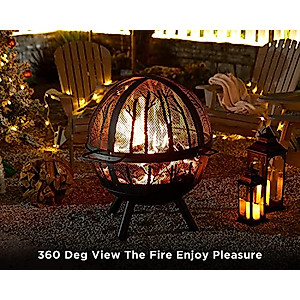 PaPaJet 35 inch Fire Pit for Outside, Wood Burning Fire Pit with Cover, Bonfire Globe Fire Pit with Poker Tree Pattern for Patio Backyard Garden Black