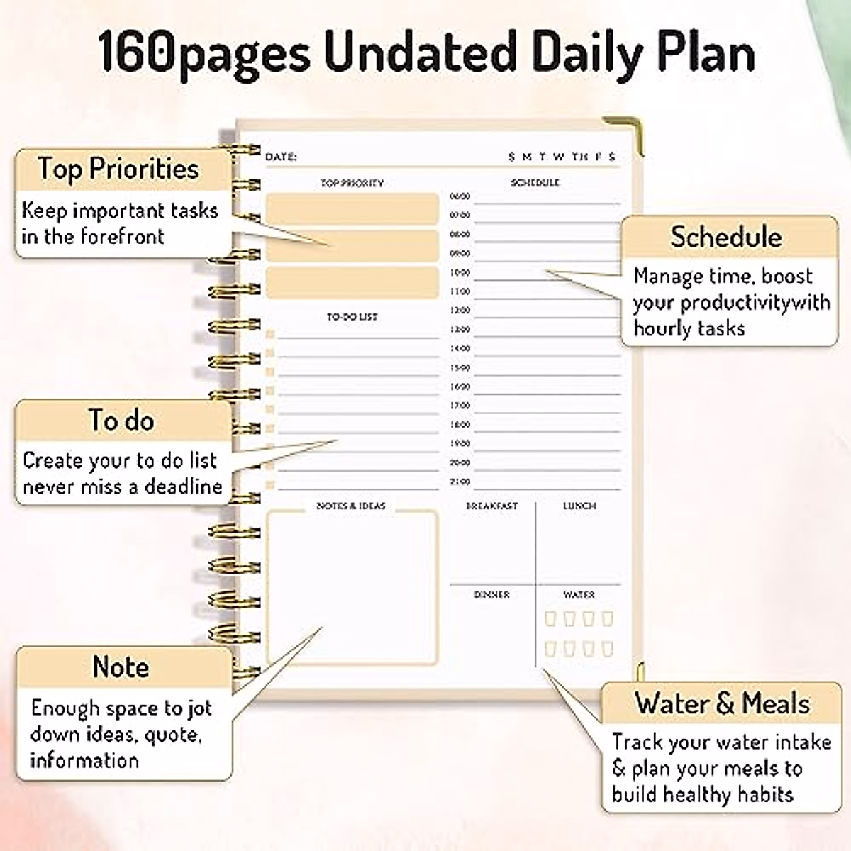 Aesthetic Daily Planner Undated, To Do List Notebook Planner with Hourly Schedule, Hardcover Work Planner - Stay Organized & Boost Productivity, Organizer Notebook for Office School Supplies,160