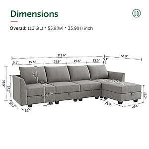 HONBAY Convertible Sectional Couch with Reversible Chaise Modern L-Shape Sofa 4-Seat Couch Modular Sectional Sofa with Storage Seats, Grey